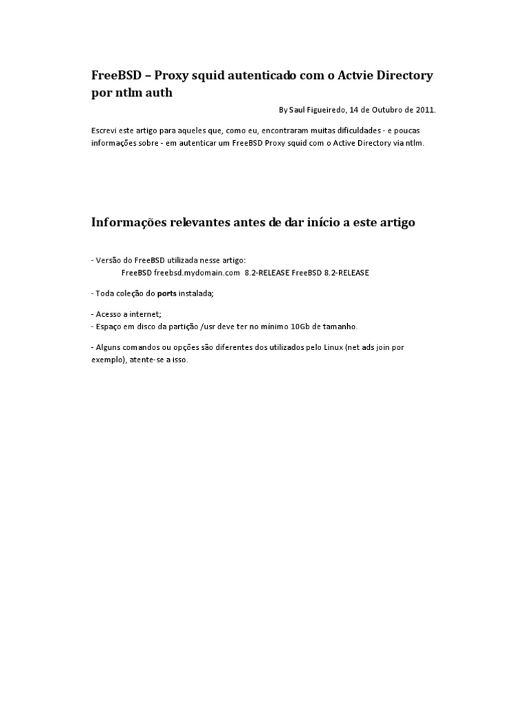 FreeBSD - Proxy Squid Autenticado Com o Actvie Directory Por NTLM Auth | PDF | Diretório ativo ...