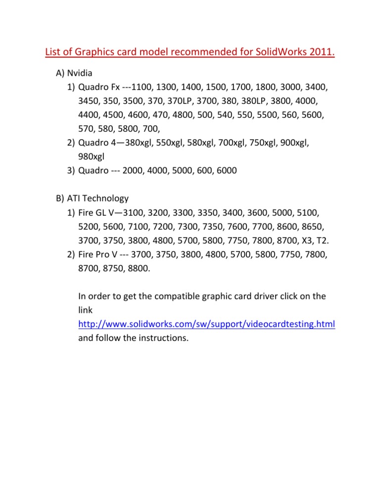 SolidWorks 2011 Graphics Card Guide | PDF