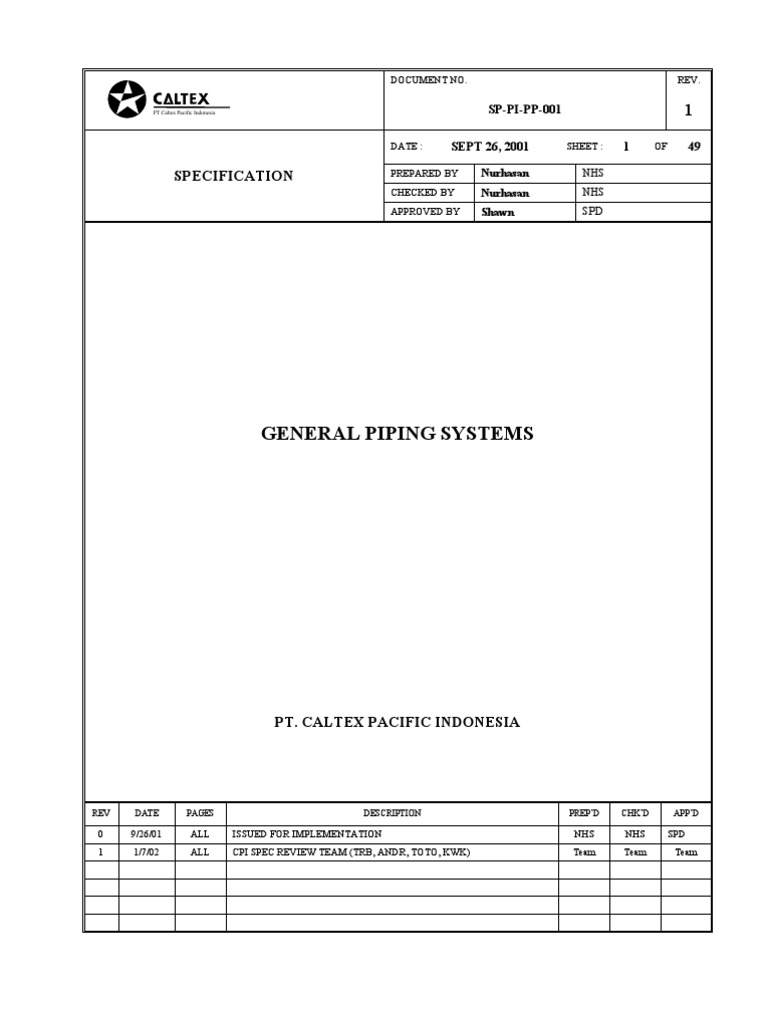 SP PI PP 001 (General Piping System) | PDF | Pipe (Fluid Conveyance ...