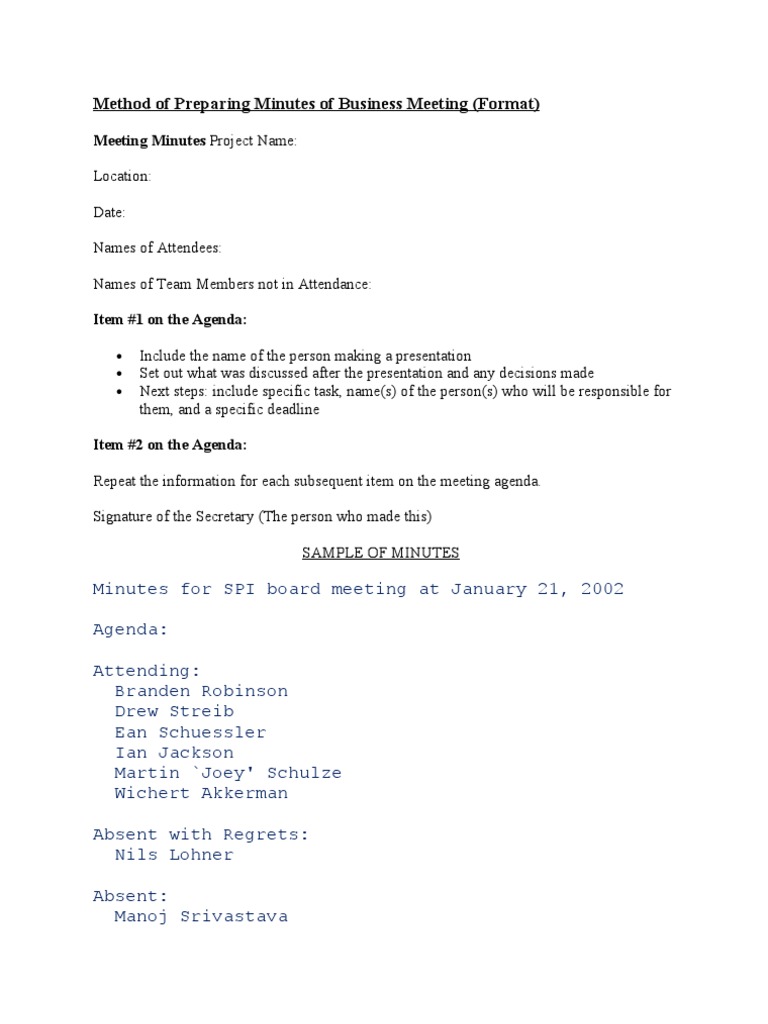 Drafting Meeting Minutes: A Template and Sample for Documenting ...