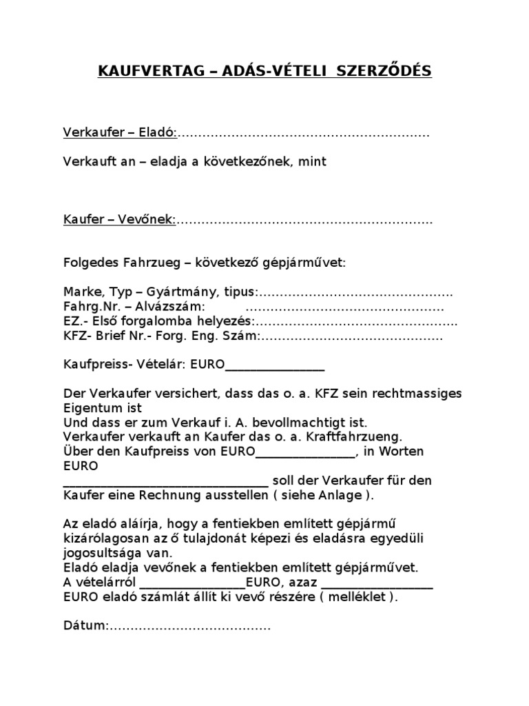 Kétnyelvő Német-Magyar autó adás-vételi szerződés | PDF