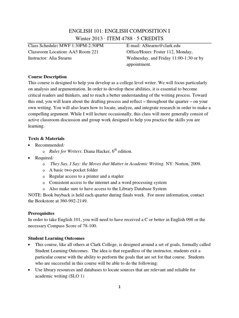 English 101 Composition Course Overview | PDF | Wellness