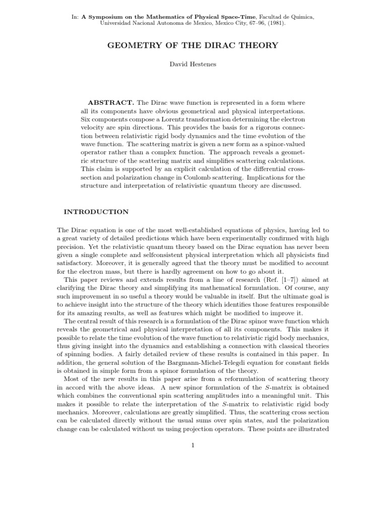 Geometry of The Dirac Theory: ABSTRACT. The Dirac Wave Function Is ...