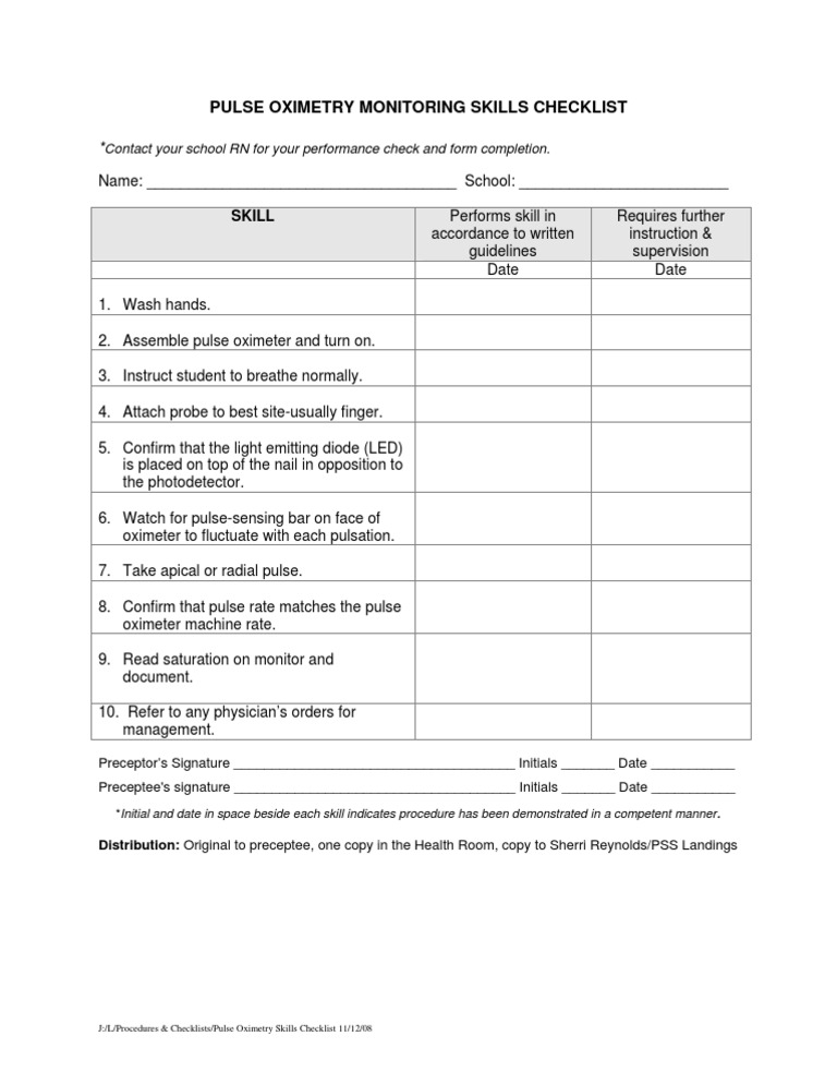 Pulse Oximetry Skills Checklist | PDF