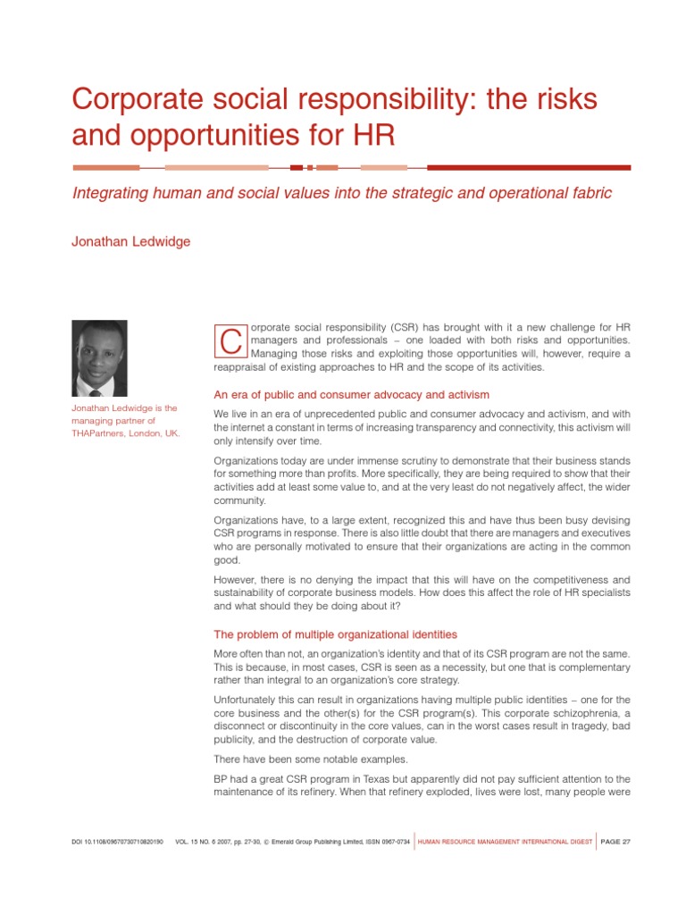 Corporate Social Responsibility The Risks | PDF | Corporate Social ...