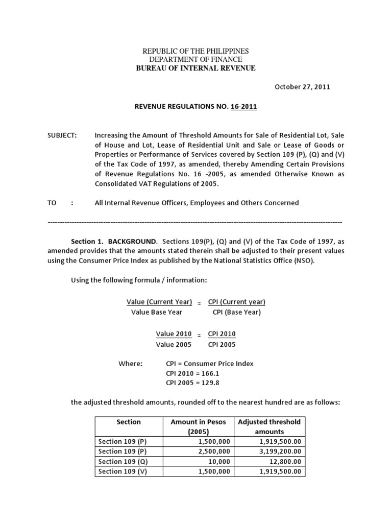 BIR RR 16-2011 | Value Added Tax | Consumer Price Index
