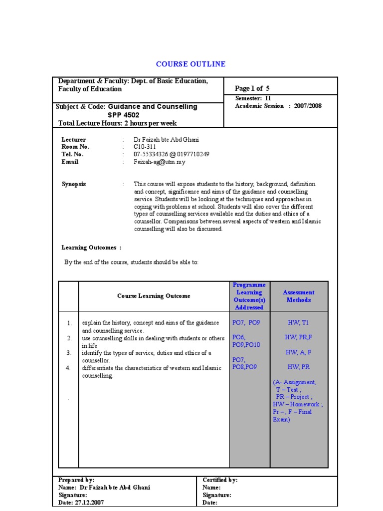 Guidance & Counselling Course Outline | PDF | School Counselor | Homework