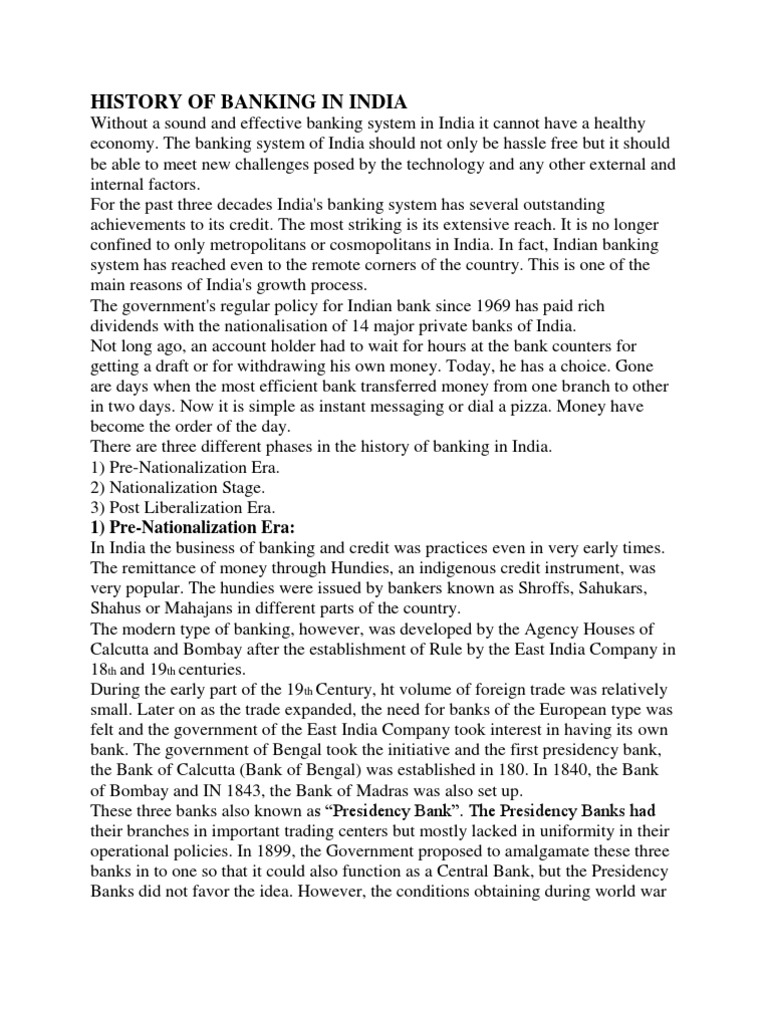 History of Banking in India: 1) Pre-Nationalization Era | PDF | Reserve ...