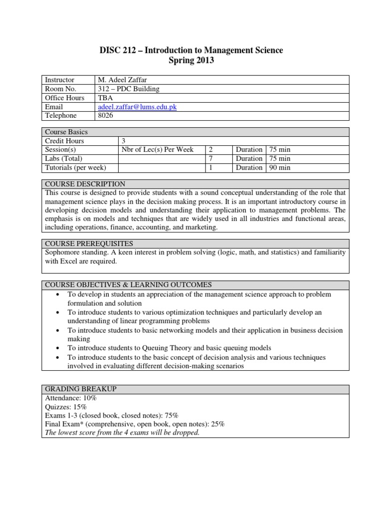 DISC 212-Introduction To Management Science-M. Adeel Zaffar (Tentative) PDF | Download Free PDF ...