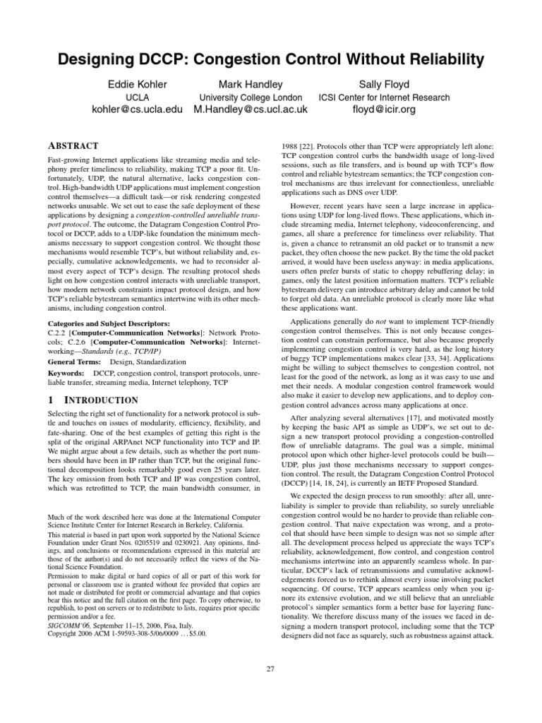Designing DCCP Congestion Control Without Reliability | PDF | Network ...
