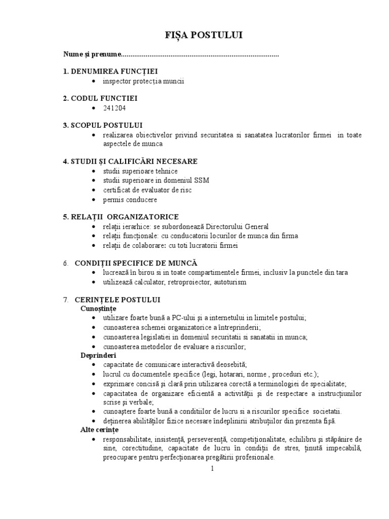 Inspector SSM Fisa Postului | PDF