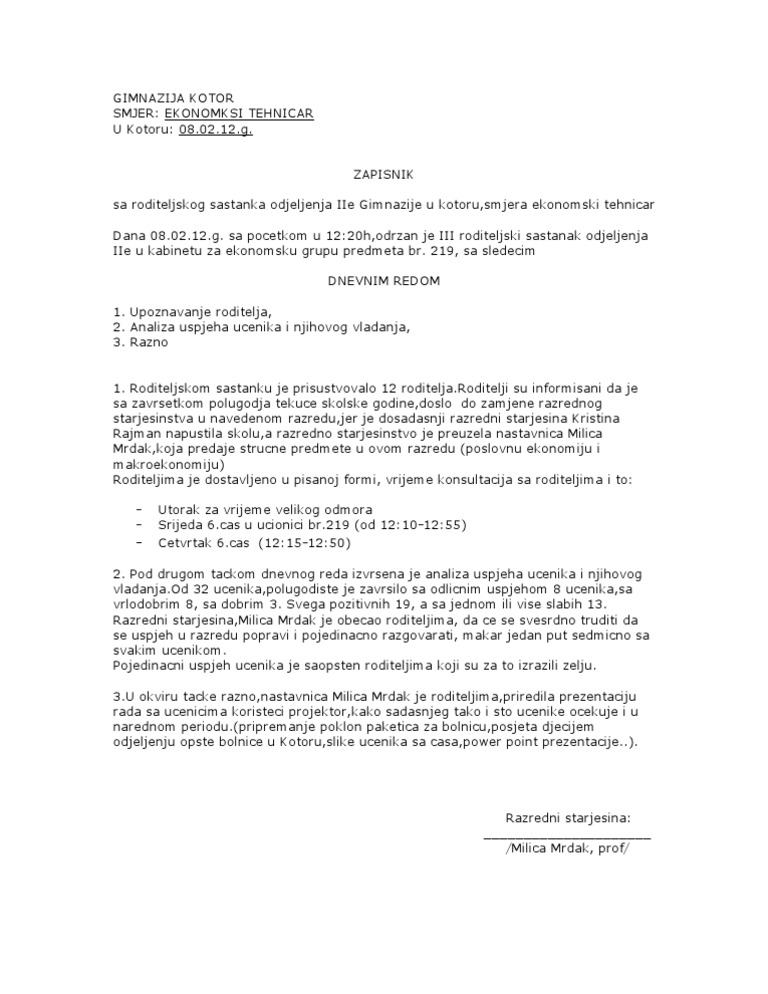 Zapisnik Sa Treceg Roditeljskog Sastanka | PDF