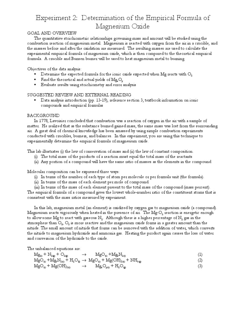 Experiment 2: Determination of The Empirical Formula of Magnesium Oxide ...