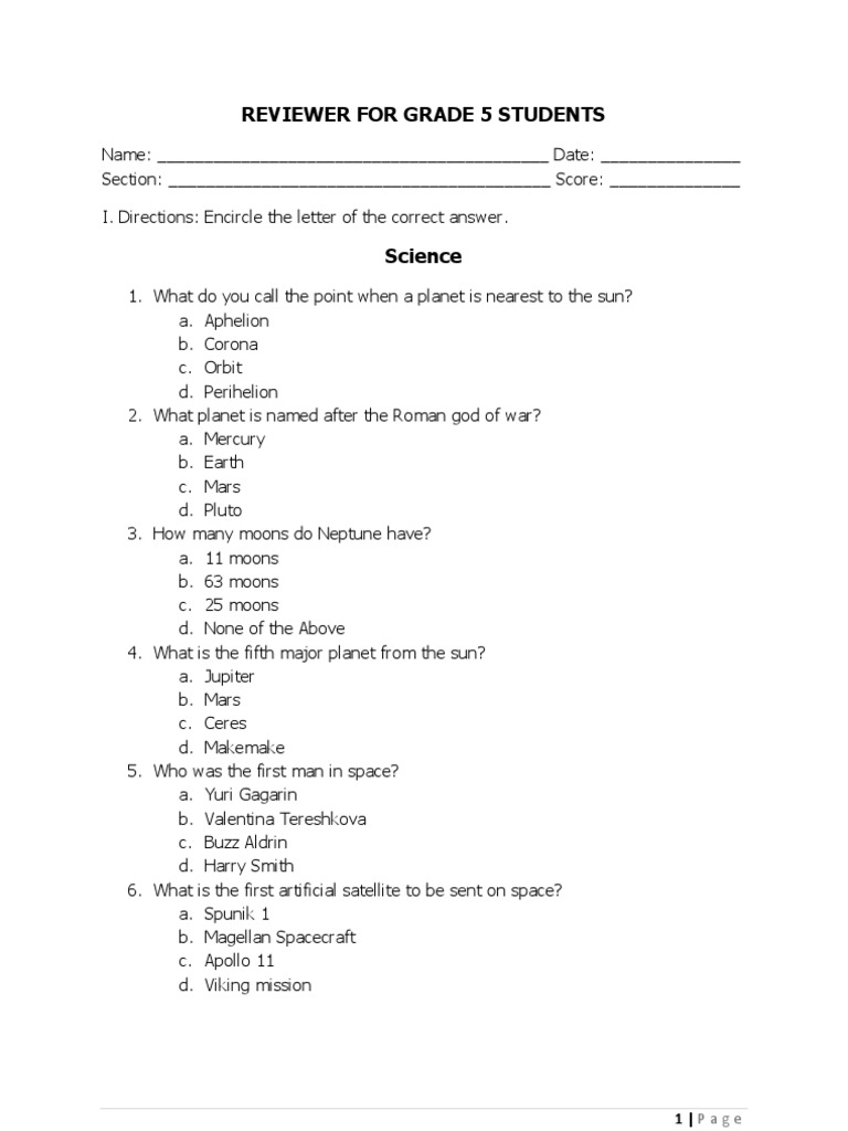 Reviewer For Grade 5 Students | PDF | Natural Satellite | Planets