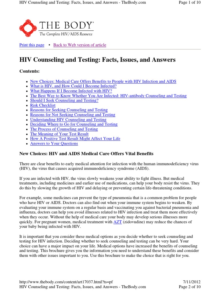 HIV Counseling and Testing: Facts, Issues, and Answers: Contents | PDF ...