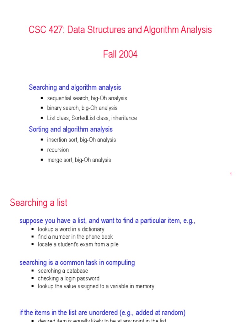 CSC 427 Data Structures Fall 2004 Searching and Sorting | PDF | Inheritance (Object Oriented ...
