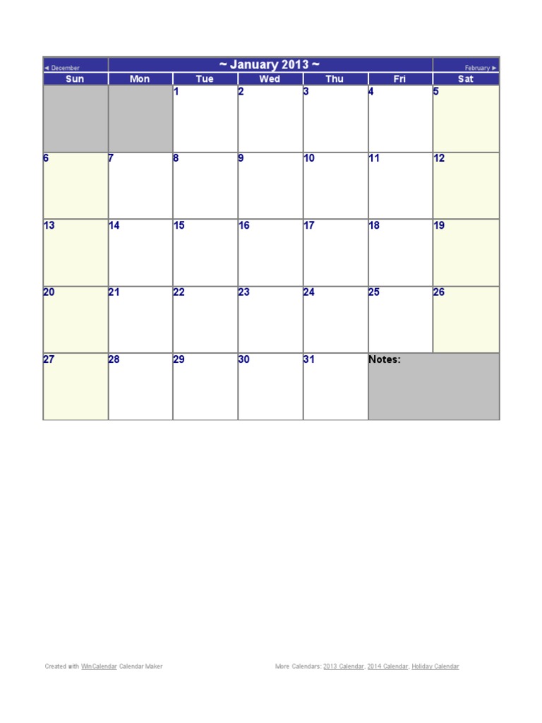 2013 Monthly Calendar Pdf