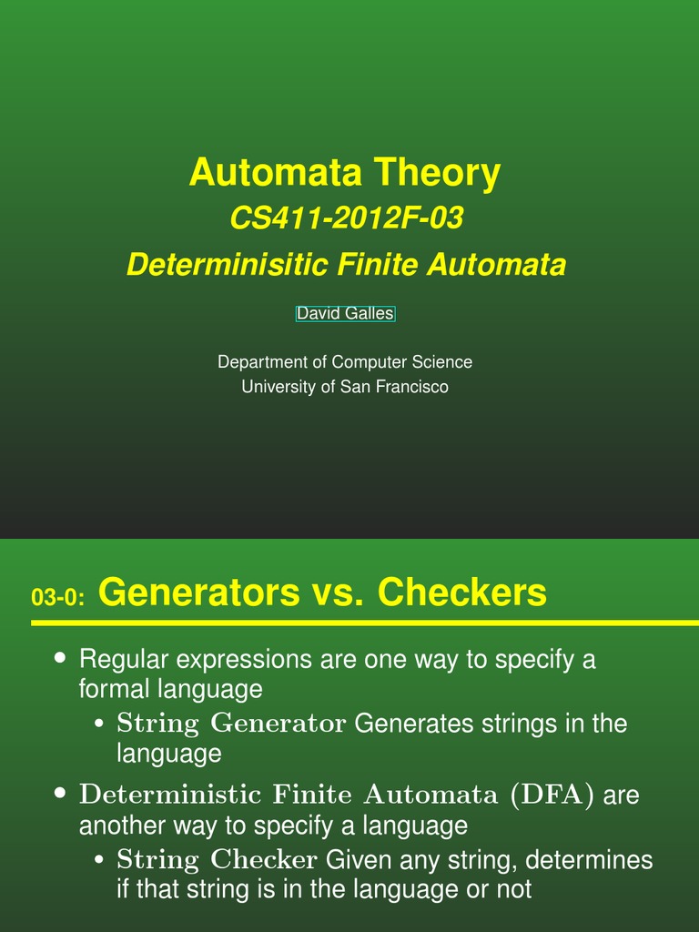 Automata Theory: CS411-2012F-03 Determinisitic Finite Automata | PDF | Formal Methods | Computer ...