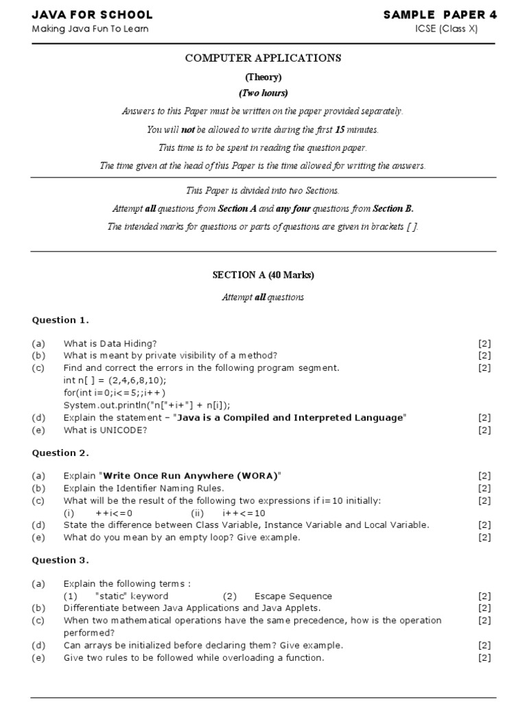 Computer Applications Icse Sample Paper 4 Pdf Interest Java Programming Language