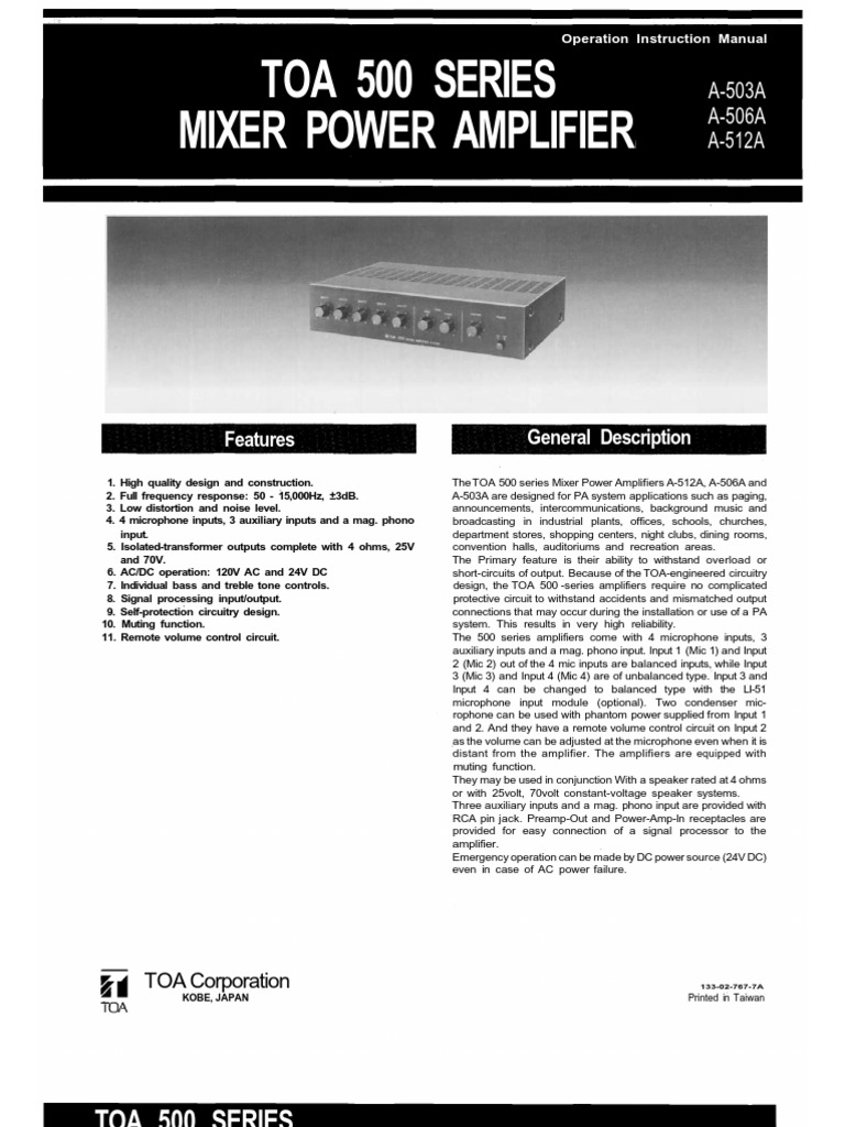 Toa 500 Series Mixer Power Amplifier: A-503A A-506A A-512A | Download ...