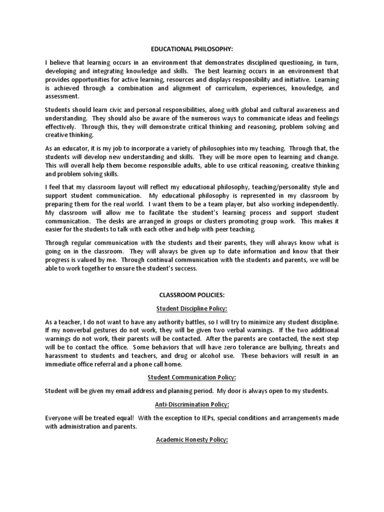 Classroom Management Plan | PDF | Philosophy Of Education | Classroom