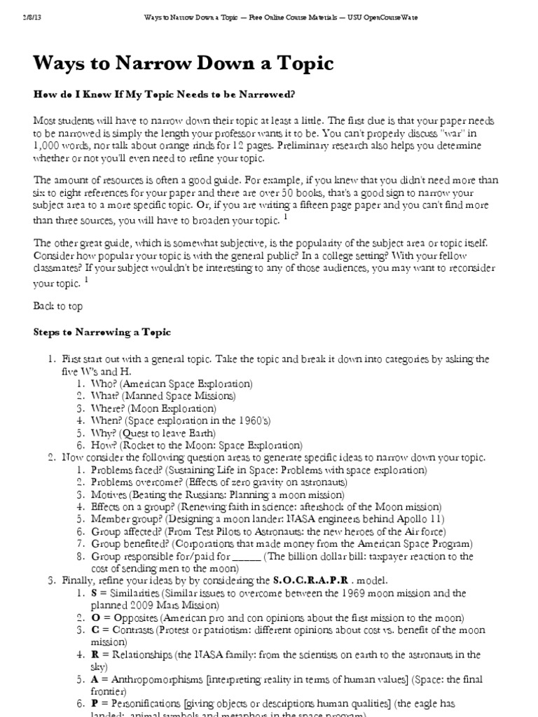 Ways To Narrow Down A Topic - Free Online Course Materials - USU ...