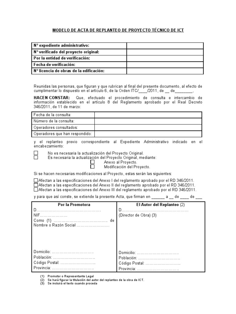 Acta de Replanteo de Proyecto Tecnico de Ict | PDF