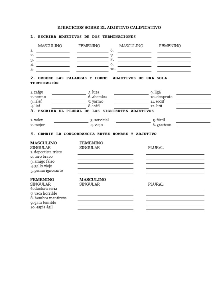 Ejercicios de Adjetivos Calificativos | PDF | Deportes y actividades al ...