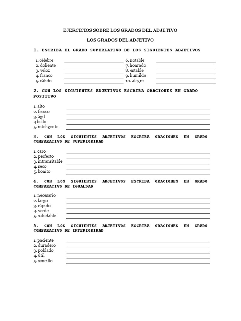 Ejercicios Sobre Grado Del Adjetivo Calificativo