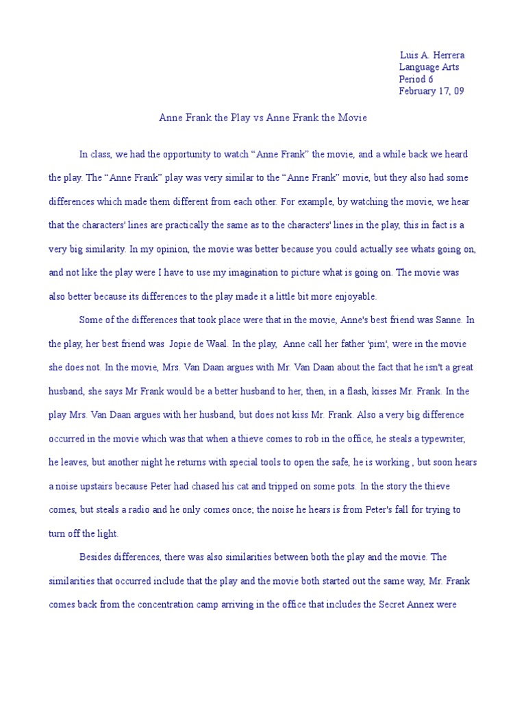 Anne Frank The Movie Vs Anne Frank The Play | PDF | Leisure