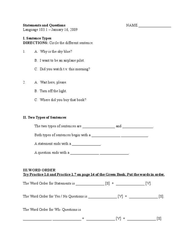 Statements vs. Questions Worksheet | PDF