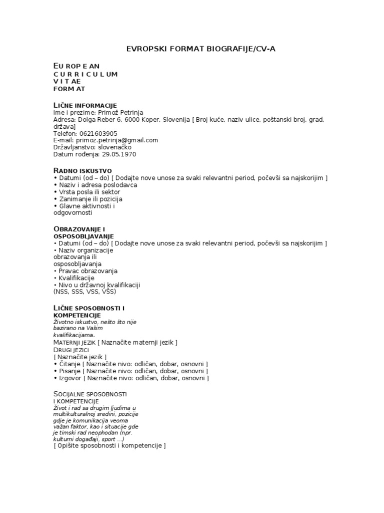 Evropski Format CV-A | PDF