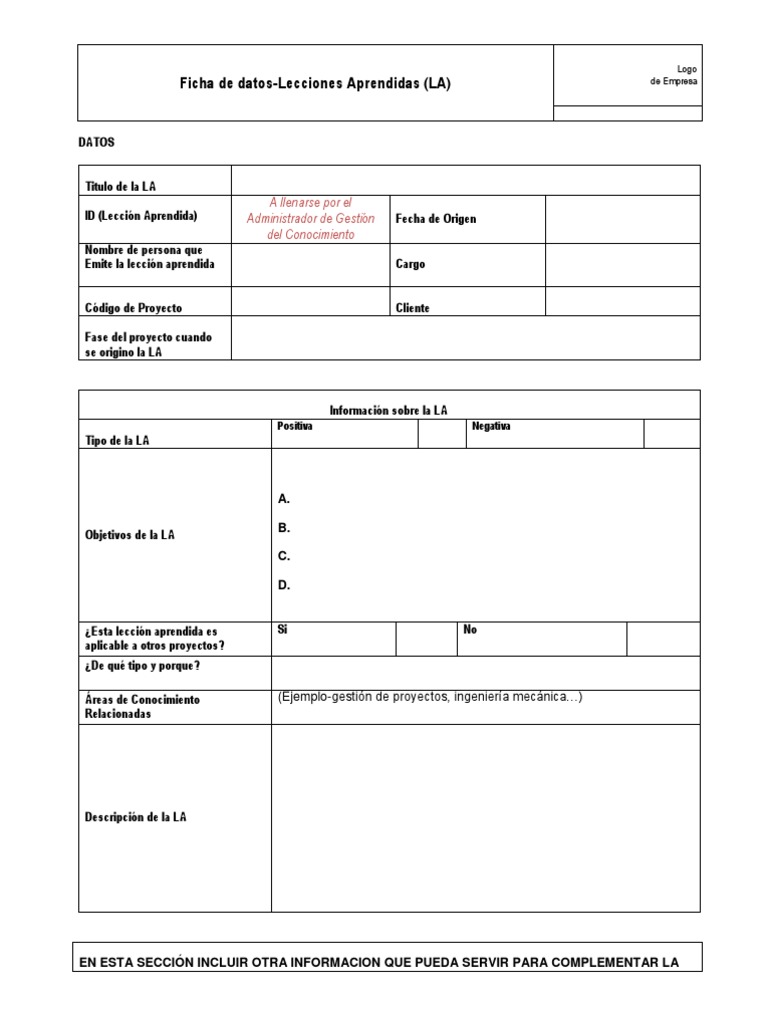 Formato para registrar Lecciones Aprendidas
