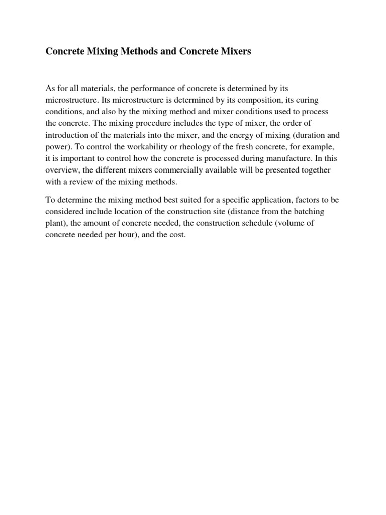 Concrete Mixing Methods and Concrete Mixers | PDF | Concrete | Chemistry