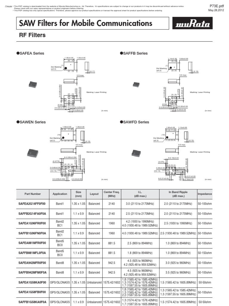 Murata SAW Filters For Mobile Communications RF Filters | PDF ...