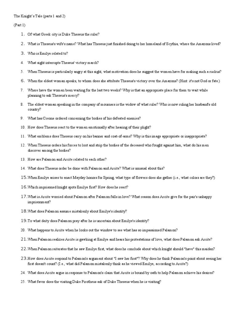 The Knight's Tale Questions | PDF