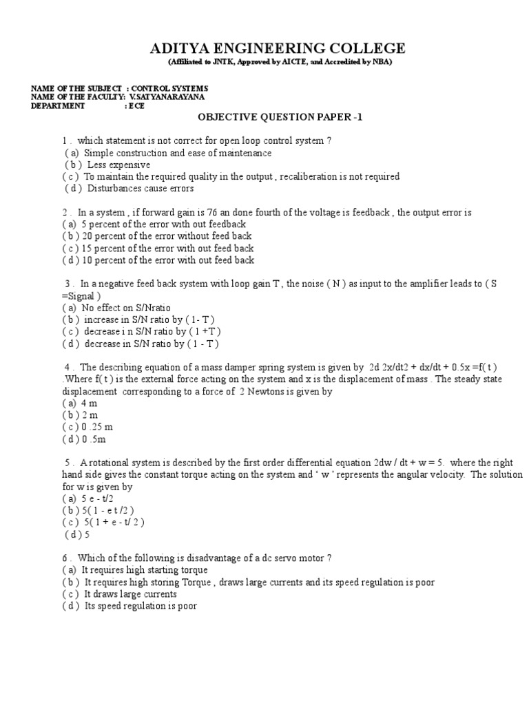 Aditya Engineering College: Objective Question Paper - 1 | PDF ...