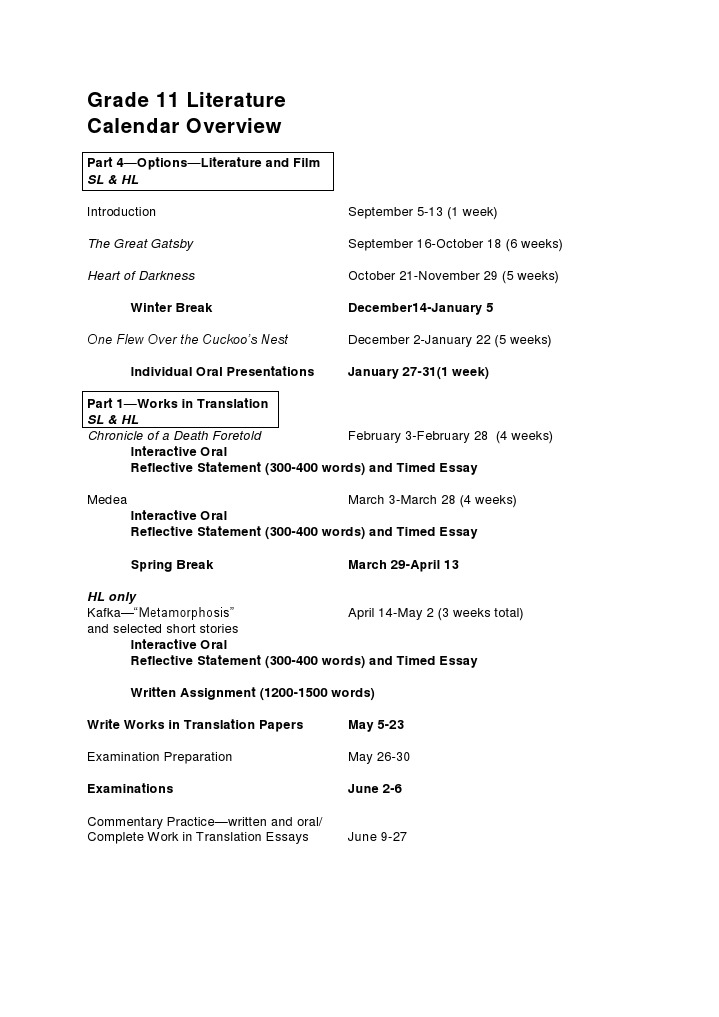 Grade 11 Literature Calendar Overview | PDF | Language Arts & Discipline