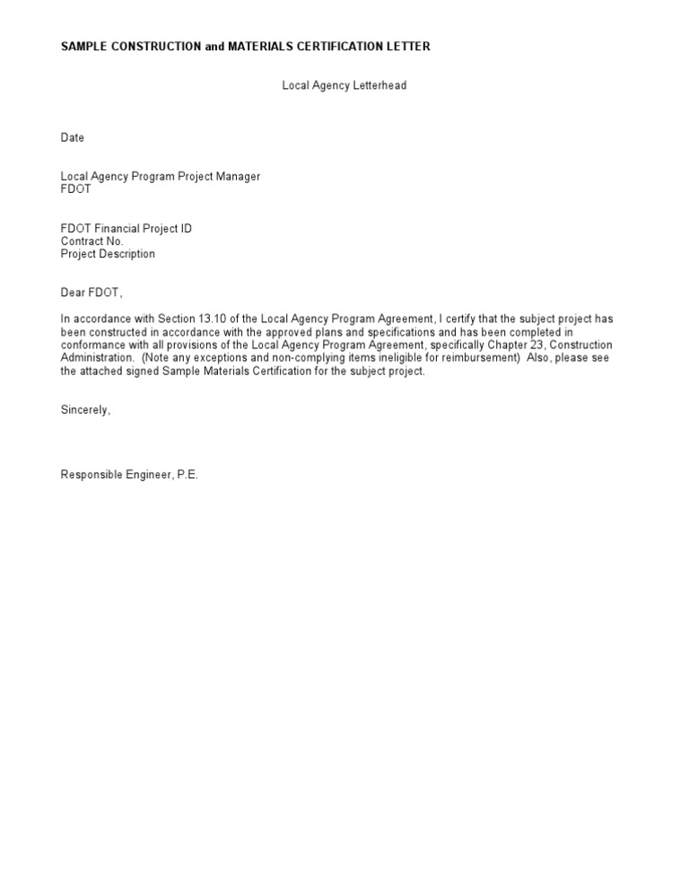 Sample Construction and Materials Certification Letter | PDF
