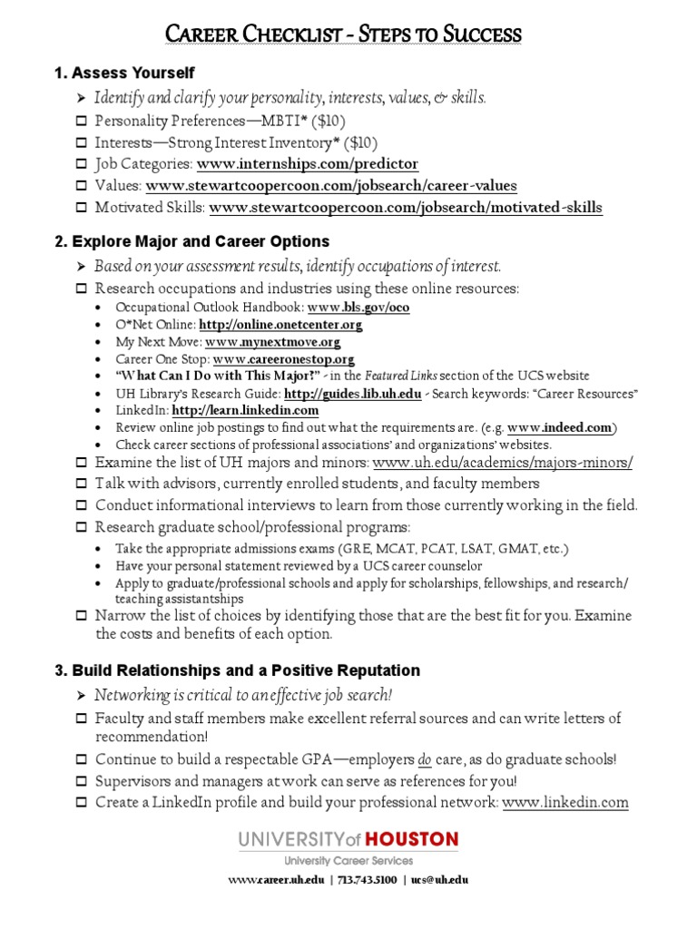 Career Checklist | PDF | Graduate School | Internship