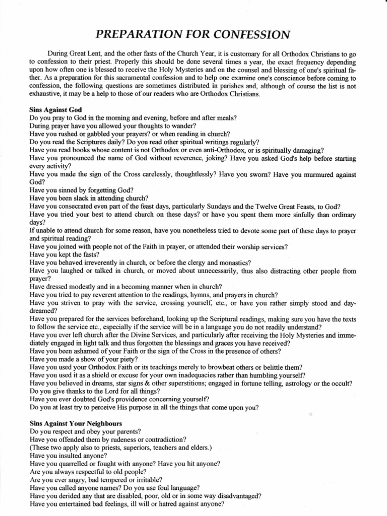 Preparation For Confession | PDF | Confession (Religion) | Eastern ...