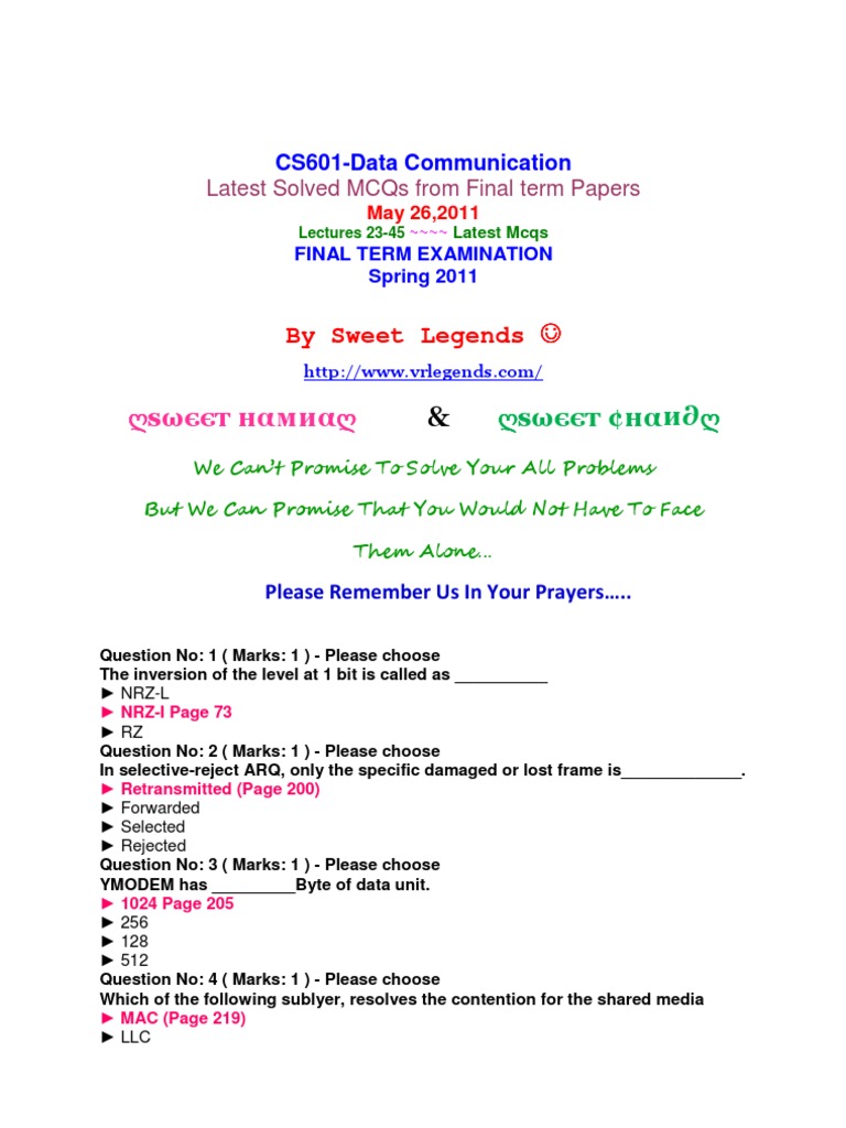 CS601 Final Term MCQs Overview | PDF | Error Detection And Correction | Computer Network