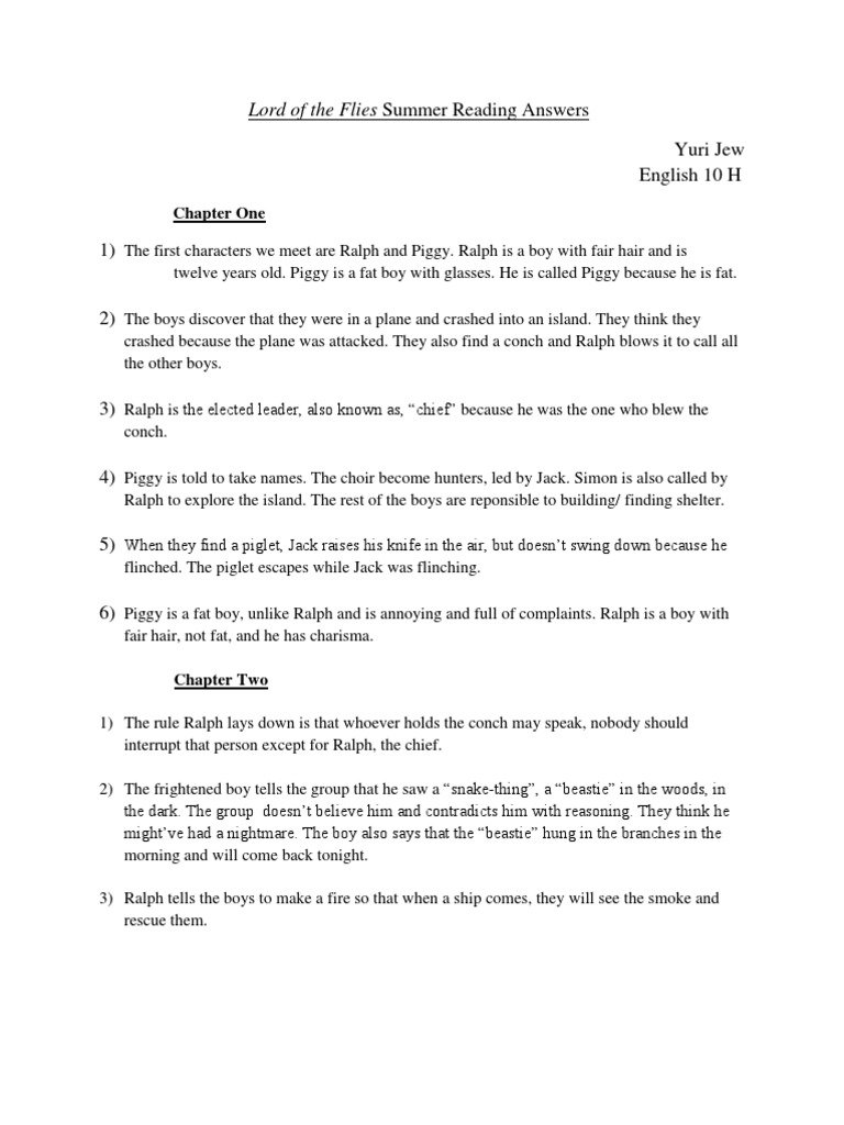 Lord of the Flies Workbook Answers | PDF