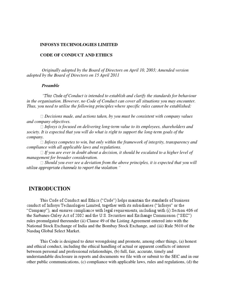 Infosys Technologies Limited Code of Conduct and Ethics | PDF | Insider ...