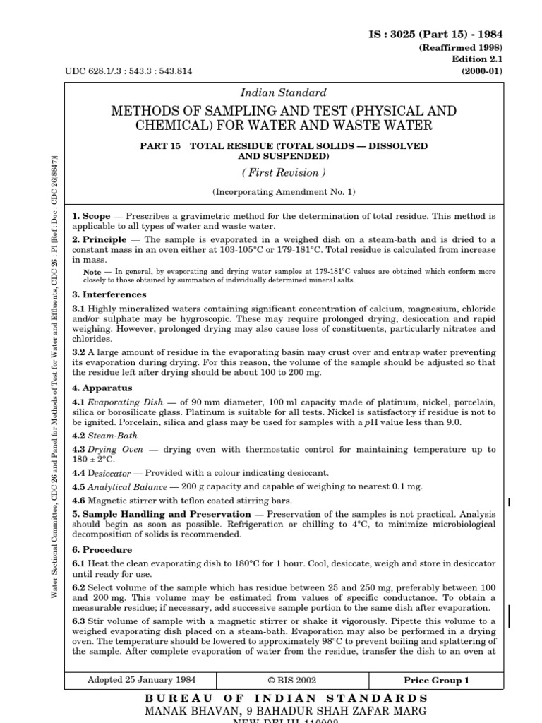 Is-3025-Part-15-1984-Tests of Water For Total Residue (Total Solids ...