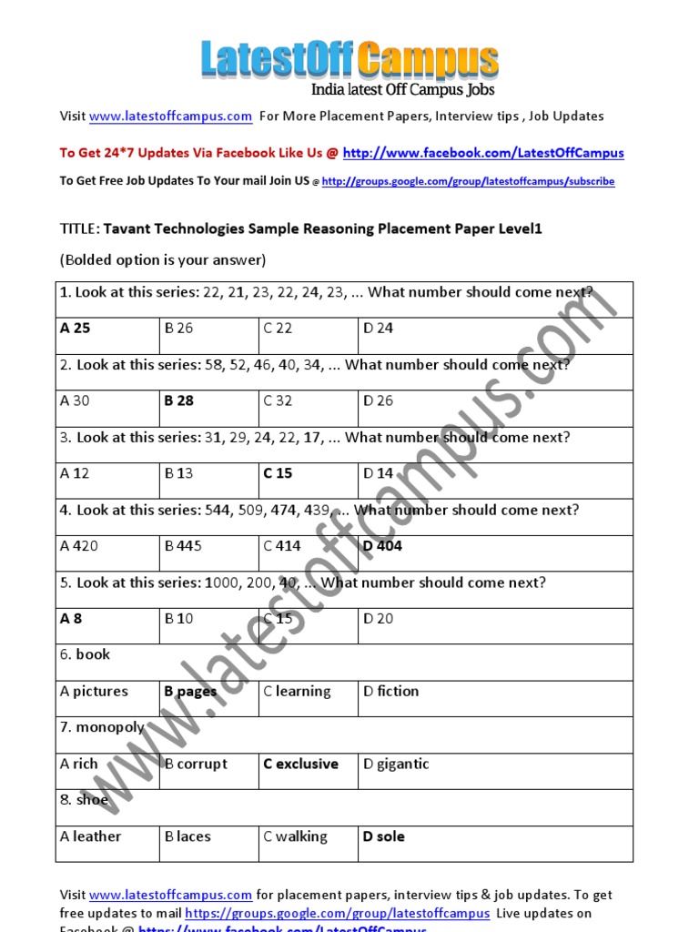 Tavant Technologies Sample Reasoning Placement Paper Level1 Pdf Business Sports 