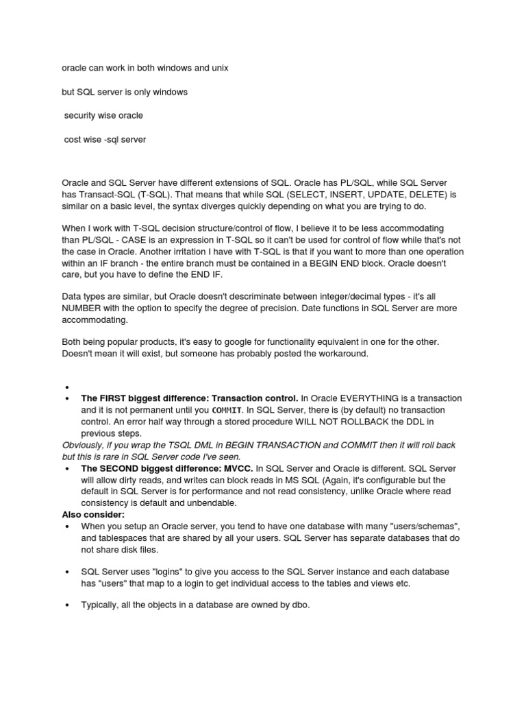 Diff Bet Oracle and SQL Database | PDF | Teaching Methods & Materials