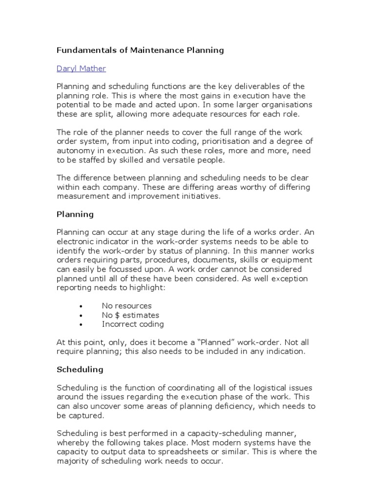Fundamentals of Maintenance Planning | PDF | Scheduling (Computing ...