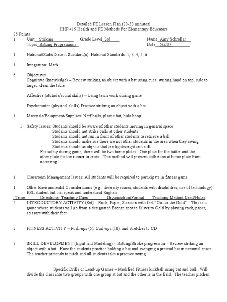 PE Lesson Plan | PDF | Batting (Baseball) | Physical Education