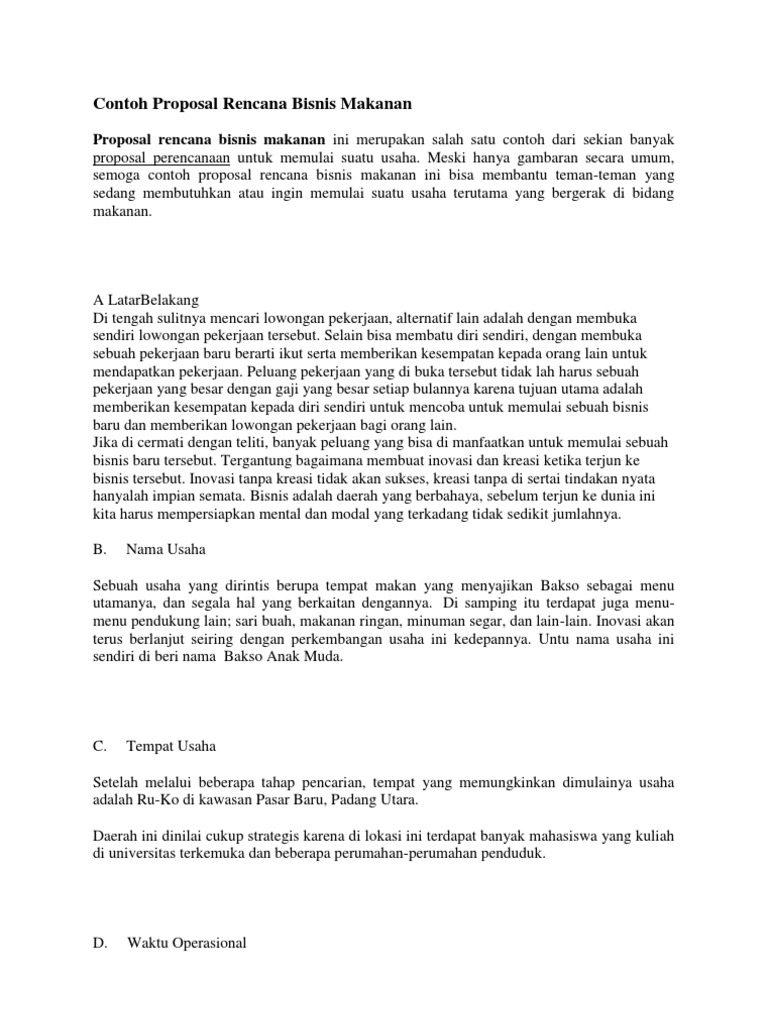 Contoh Proposal Rencana Bisnis Makanan | PDF